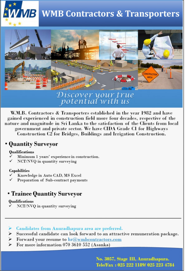 Assistant Quantity Surveyor job from WMB Contractors & Transporters in ...